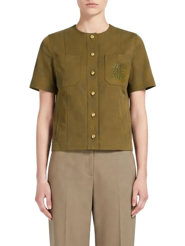 Max Mara Short-sleeved Stretch Cotton Top With Pocket And Embroidered Logo - Brown