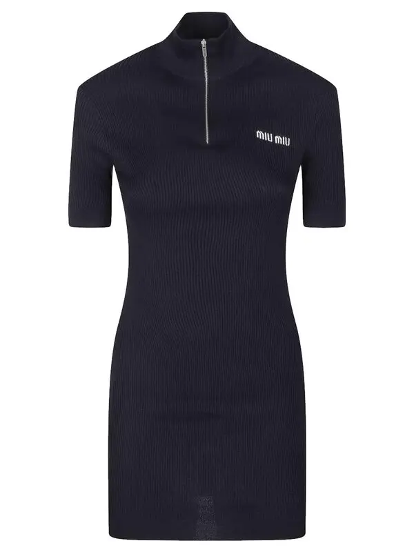 Miu Miu Ribbed Knit Dress With Quarter Zip - Blue