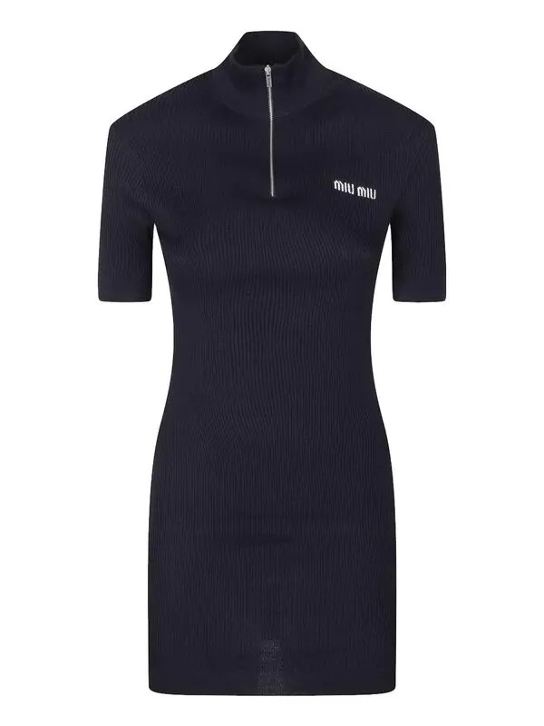 Miu Miu Ribbed Knit Dress With Quarter Zip - Blue