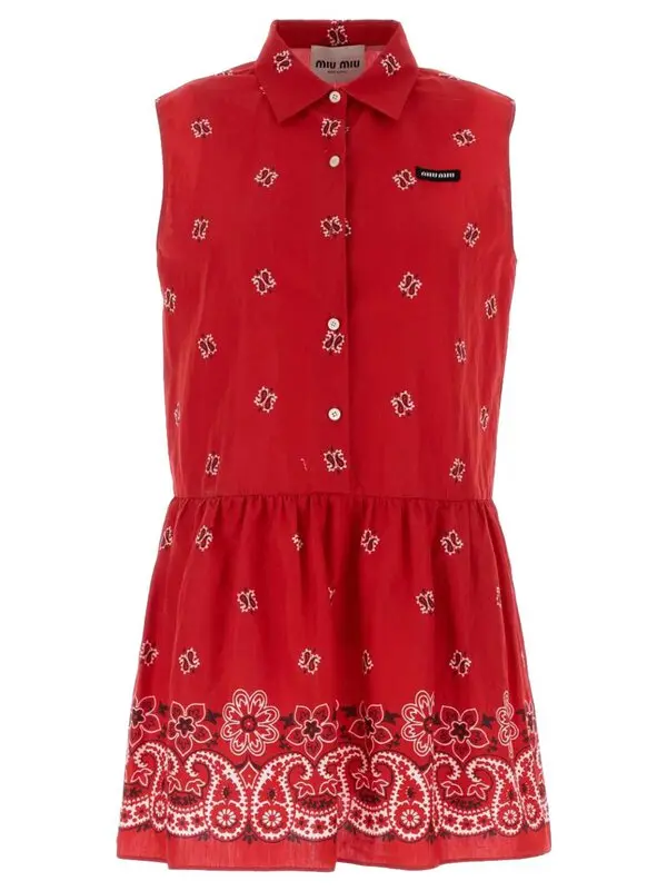 Miu Miu Printed Cotton And Linen Blend Dress - Red