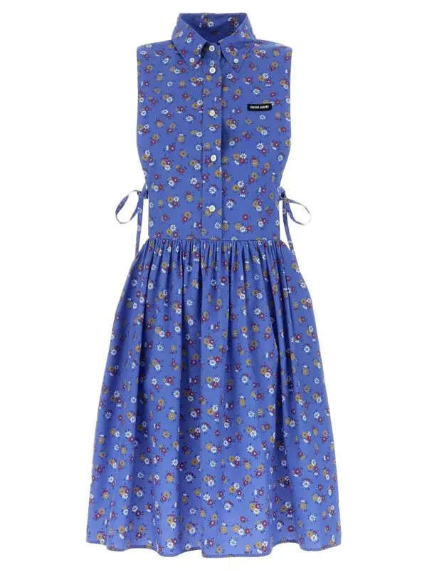 Miu Miu Sleeveless Floral Cotton Shirt Dress - Blue