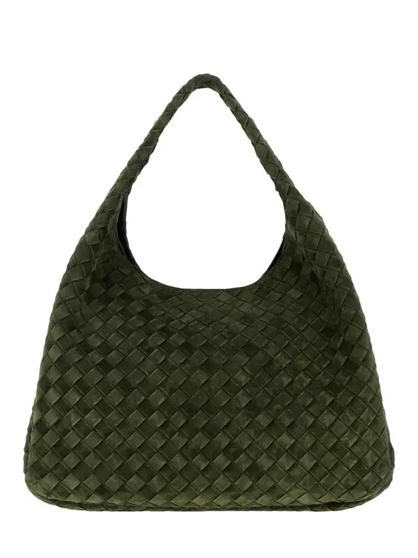 Bottega Veneta Large Campana Shoulder Bag In Woven Suede Leather - Green