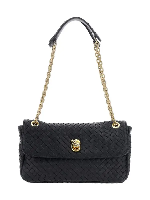 Bottega Veneta Madison Shoulder Bag In Intrecciato Leather With Chain Strap - Black