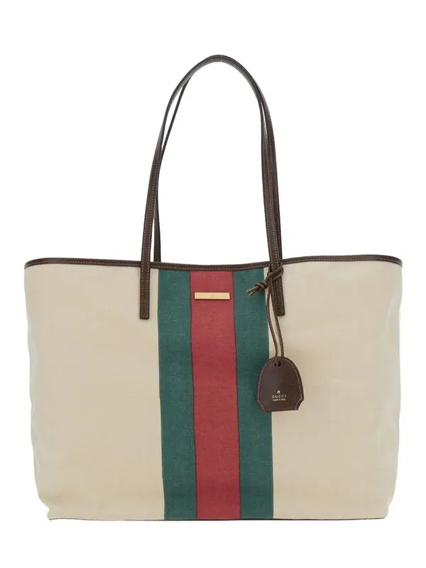 Gucci Tribeca Tote Bag In Striped Cotton Canvas With Web Detail - White