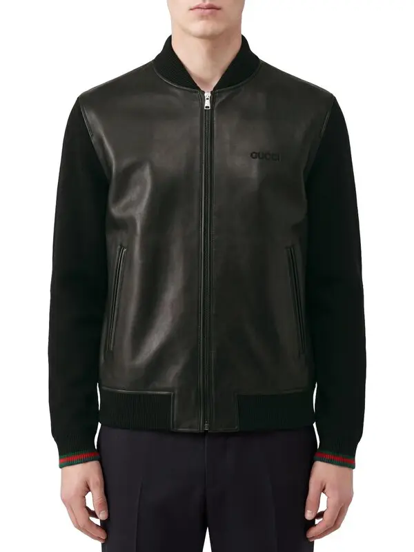 Gucci Lamb Nappa And Wool Cotton Knit Bomber Jacket - Black