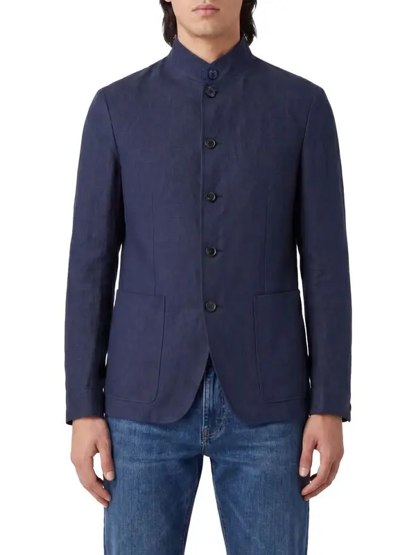 Zegna Linen Mandarin Collar Jacket - Blue