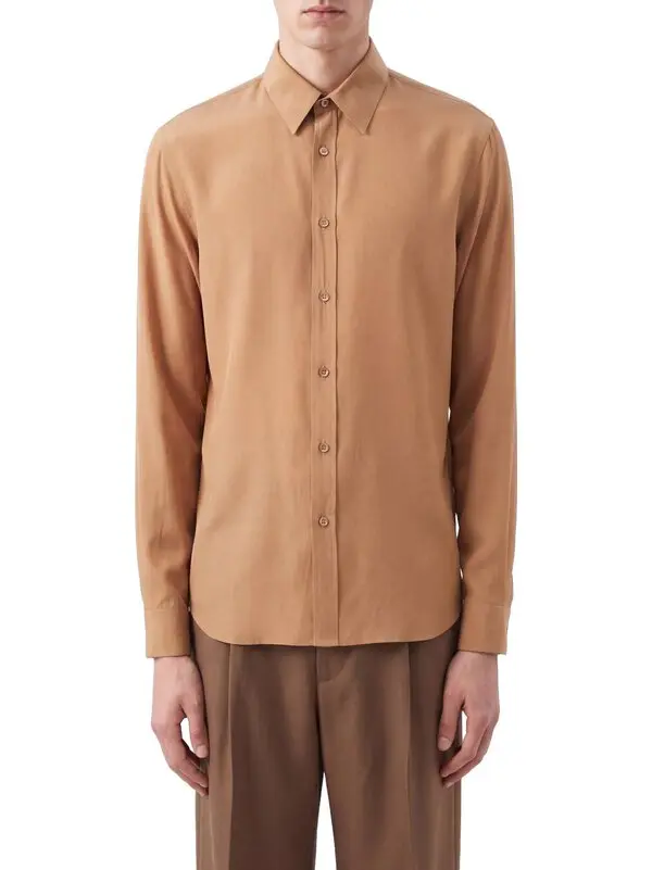 Saint Laurent Pure Silk Shirt With Classic Collar And Curved Hem - Brown