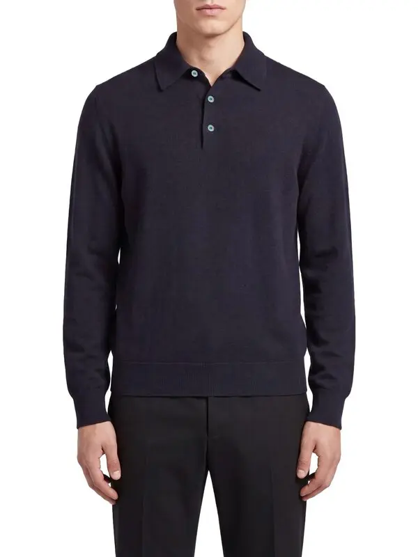 Zegna Cashmere And Silk Long-sleeved Knit Polo - Blue