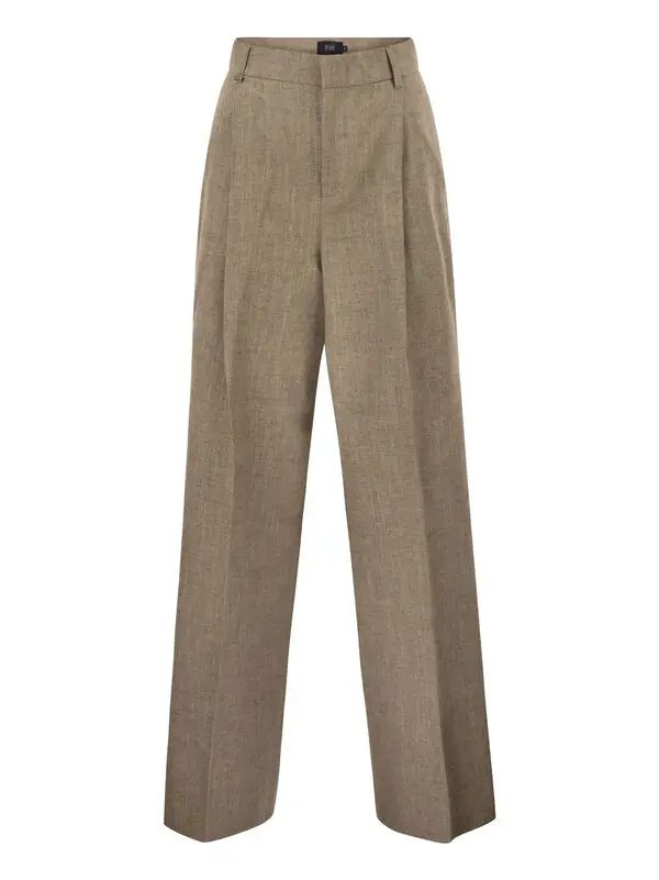 FAY Micro-check Cotton And Linen Wide Leg Trousers - Cream