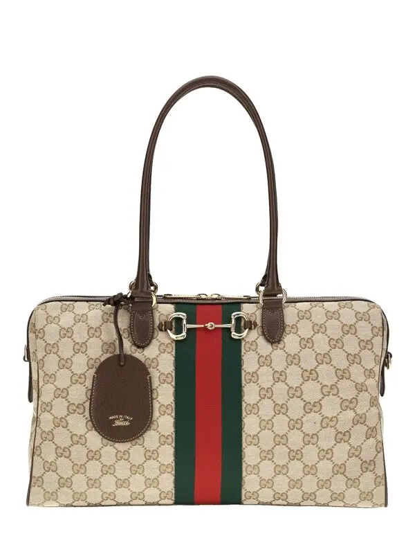 Gucci Large Gg Jacquard Fabric Shoulder Bag With Horsebit Detail - Cream