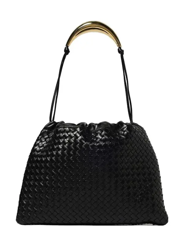Bottega Veneta Woven Shoulder Bag With Gold Tone Hoop Handle - Black
