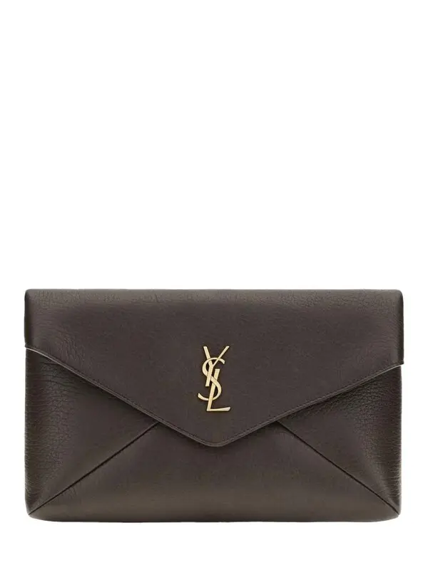 Saint Laurent Envelope Clutch With Gold Tone Logo - Brown