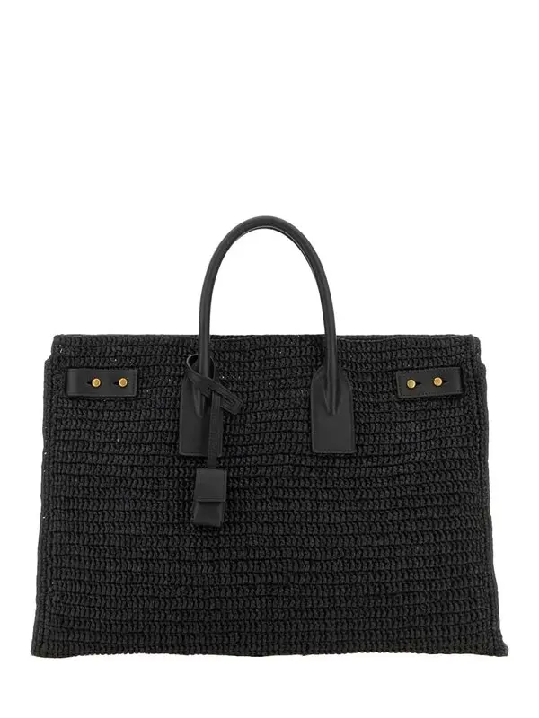 Saint Laurent Raffia And Leather Handbag - Black