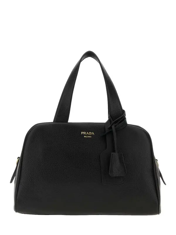 Prada Leather Handbag With Tag Detail - Black