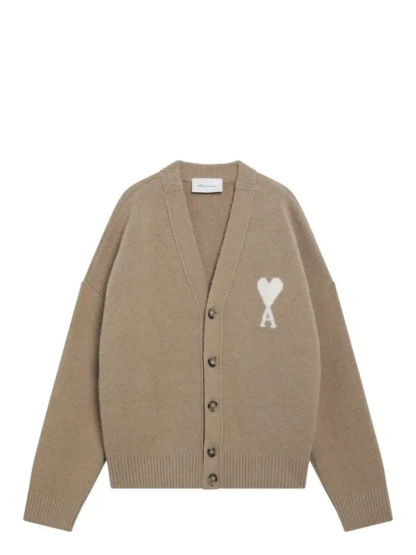 AMI Paris Beige Alpaca Blend Cardigan With De Coeur Logo - Cream