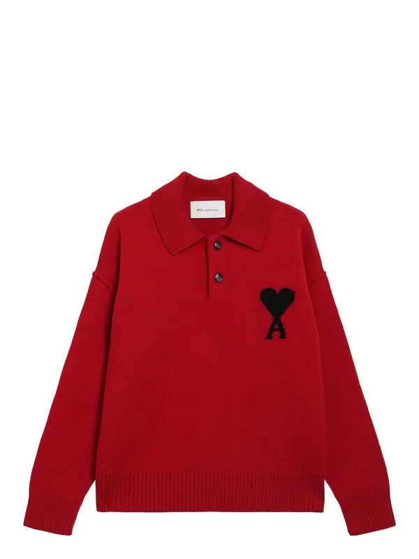 AMI Paris Wool De Coeur Polo Jumper - Red