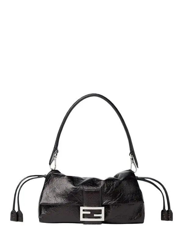 Fendi Soft Medium Baguette Bag In Crackled Leather - Black