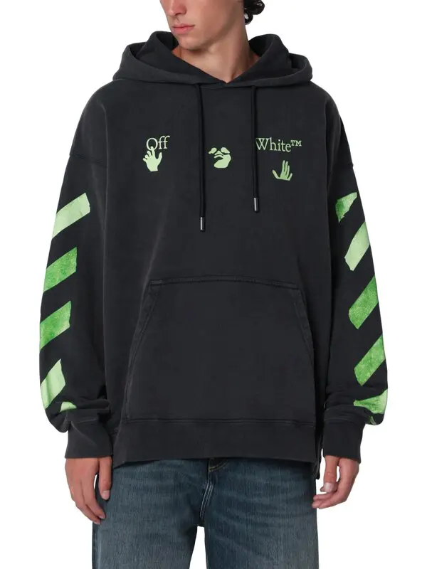 Off-White Washed Cotton Logo Print Hooded Sweatshirt - Black