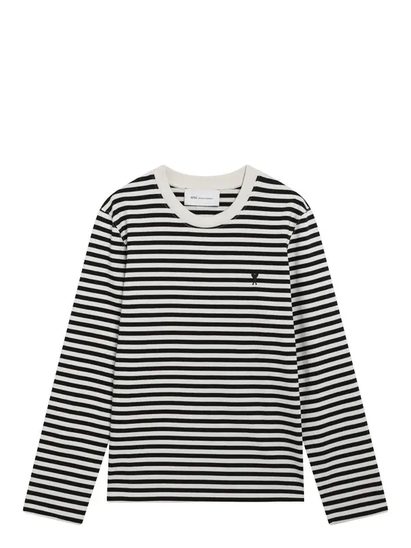 AMI Paris Ivory Striped Long Sleeve Cotton T-shirt - Black