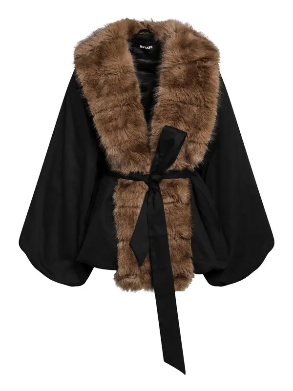 ROTATE BY BIRGER CHRISTENSEN Faux Fur Trimmed Belted Jacket - Black