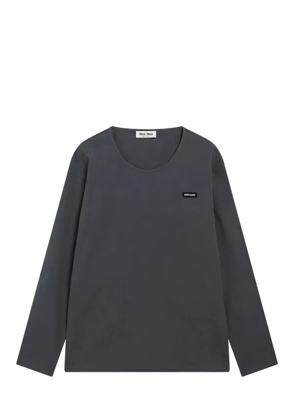 Miu Miu Long Sleeve Stretch Poplin Top With Logo Patch - Gray