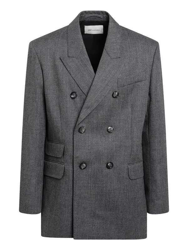 AMI Paris Double-breasted Carbon Grey Virgin Wool Blazer - Gray