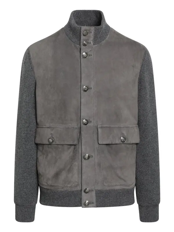 Brunello Cucinelli Suede And Cashmere High Neck Jacket - Gray