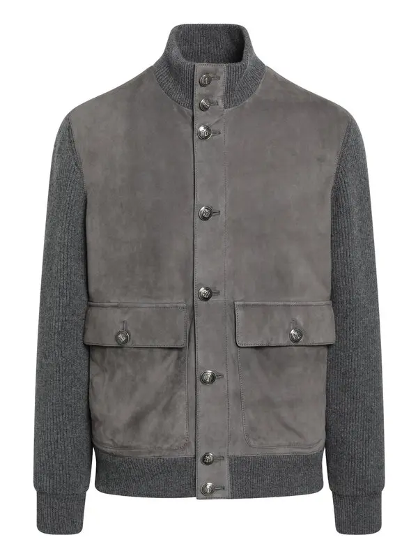 Brunello Cucinelli Suede And Cashmere High Neck Jacket - Gray