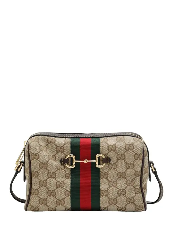 Gucci Small Horsebit Web Camera Bag In Vintage Sand Fabric - Cream