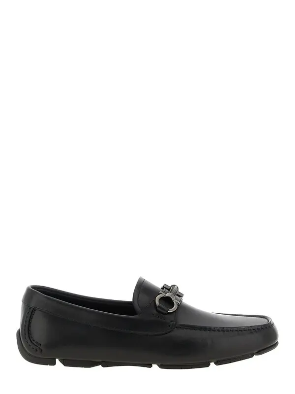 FERRAGAMO Sunday" Calfskin Leather Driver Loafers With Gancini Clasp - Black