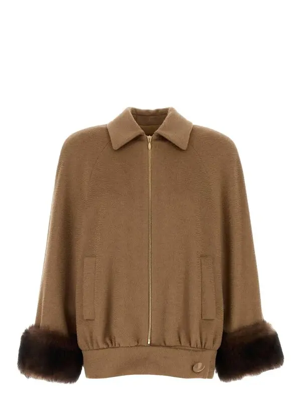 Valentino Garavani Textured Fur Cuffed Zip-up Jacket - Camel