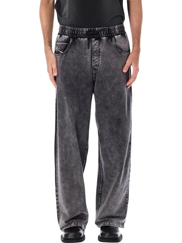 DIESEL® Relaxed Fit Wide Leg Denim Pants With Drawstring Waist - Grey Washed