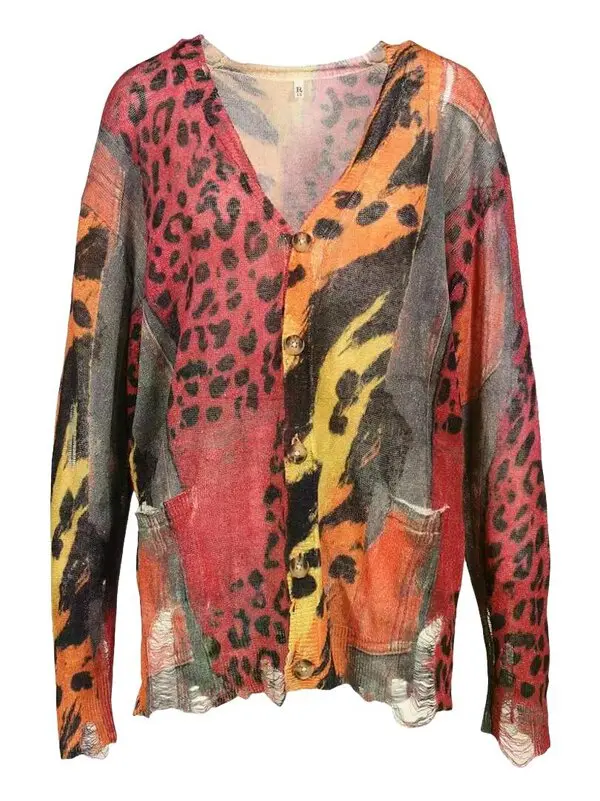 R13 Distressed Leopard-print Linen Cardigan - Red