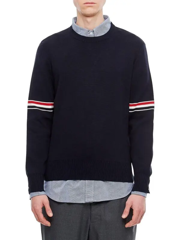 Thom Browne Cotton Crewneck Jumper With Signature 4-bar Stripe Sleeve - Blue