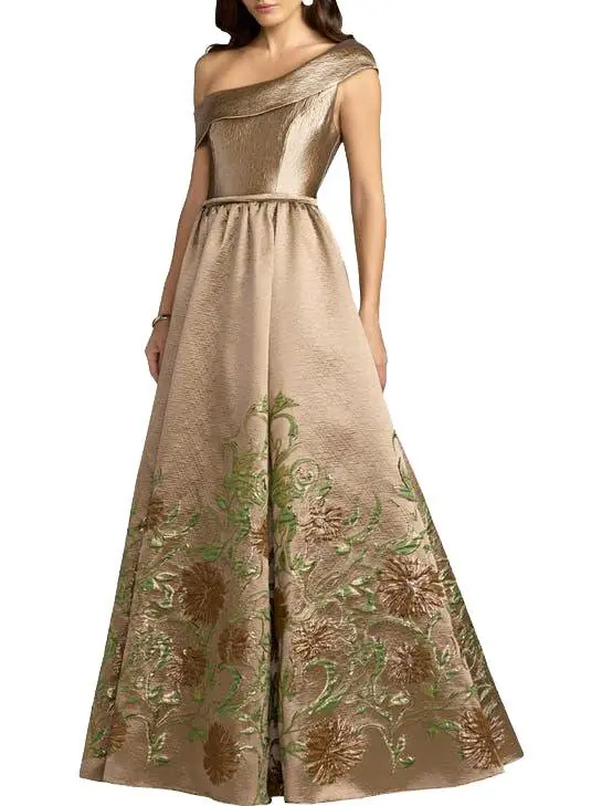 Mac Duggal Off-the-shoulder Brocade Ball Gown - Beige Multi
