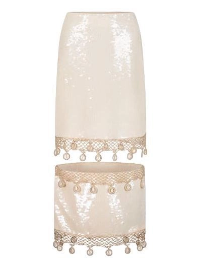 UCHÈ Floating Sequin Midi Skirt With Cowrie Shell Embellishments - Beige