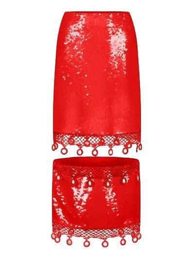 UCHÈ Floating Sequin Midi Skirt With Cowrie Shell Embellishments - Red