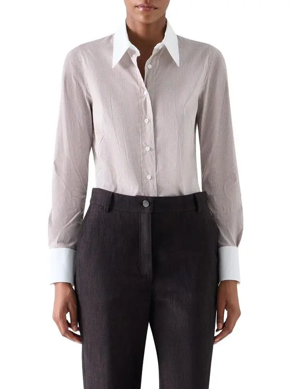 Akris Stretch Cotton Microstripe Shirt - Espresso-cream