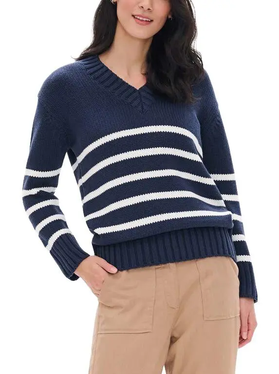 HATLEY Striped Cotton & Cashmere V-neck Sweater - Navy