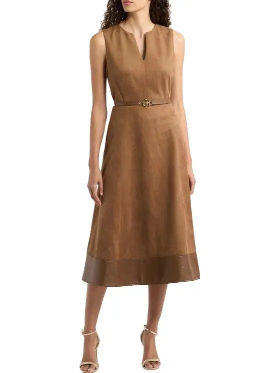 Elie Tahari Faux Suede & Faux Leather Midi Dress - Dark Sable