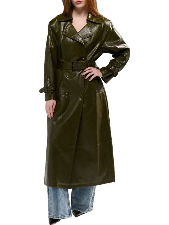 AZALEA WANG Faux Leather Trench Coat - Olive