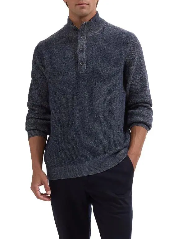 Bugatchi Wool & Cotton Ribbed Mock Neck Sweater With Four-button Placket - Navy