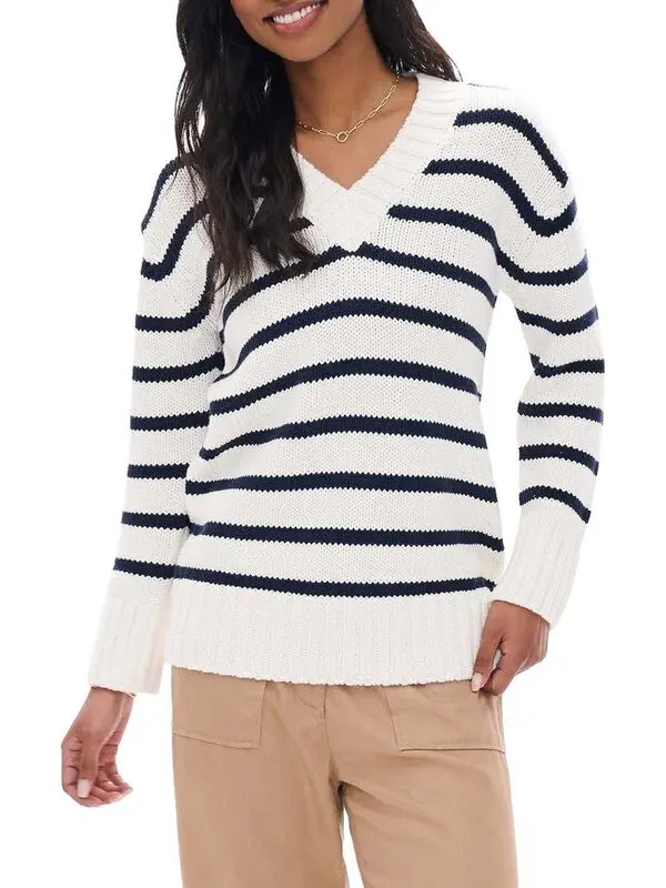 HATLEY Striped V-neck Sweater - Cream