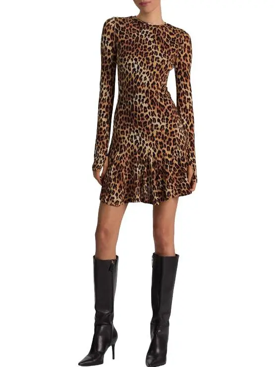 Alice + Olivia Wendy Fit And Flare Mini Dress With Jewel Neck And Long Sleeves - Spotted Leopard