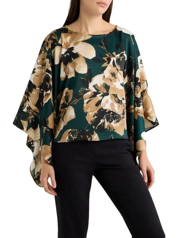 Anne Klein Bateau Neck Dolman Sleeve Cape Top - Pine Forest Multi