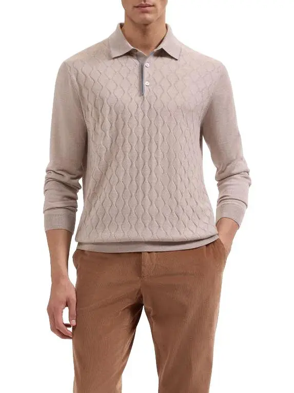Bugatchi Silk & Merino Wool Long Sleeve Polo Sweater With Diamond Stitch - Cashmere