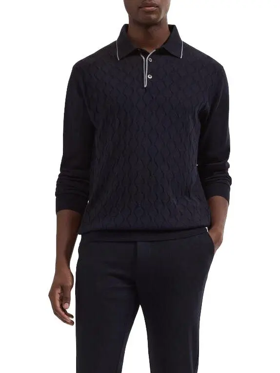 Bugatchi Silk & Merino Wool Long Sleeve Polo Sweater With Diamond Stitch - Midnight