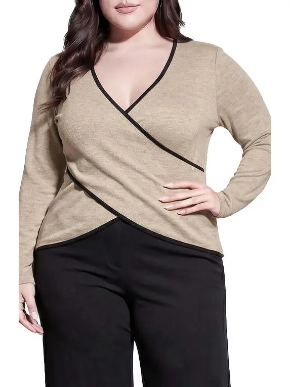STANDARDS & PRACTICES Contrast Trim Long Sleeve Wrap Front Top - Khaki