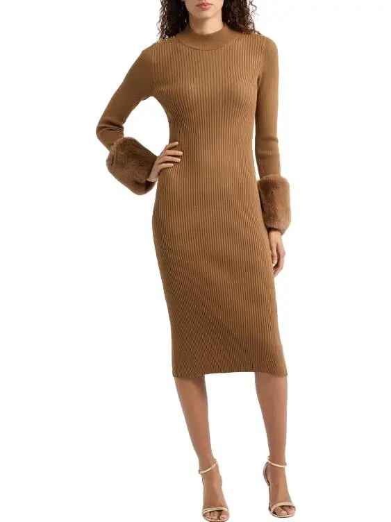 Elie Tahari Savannah Faux Fur Cuff Ribbed Sweater Dress - Sable