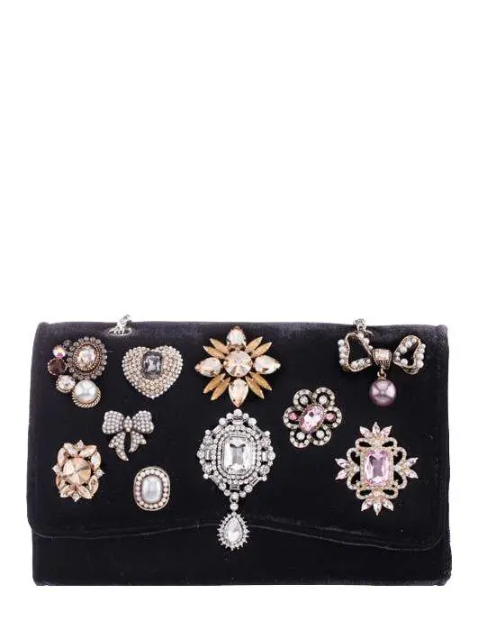 Nina Navi Crystal Brooch Velvet Clutch - Black